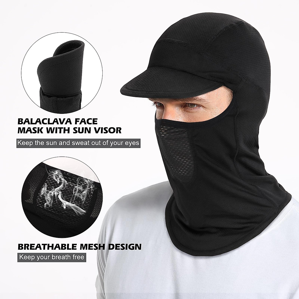 MELASA Balaclava Face Mask with Brim for Men Women Sun Protection, Cycling Cap with Neck Gaiter, Full Face Cover Helmet Liner Skull Cap for Cycling Fishing Motorcycle(White)