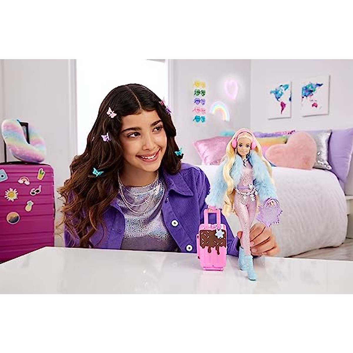 Barbie Extra Fly Doll with Snow-Themed Travel Clothes & Accessories, Sparkly Pink Jumpsuit & Faux Fur Coat