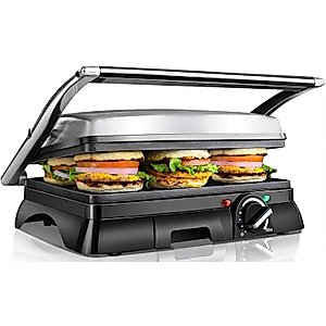 Aigostar Panini Press, 4 Slice Panini Press Grill with Temperature Control, 1400W Sandwich Maker Electric Indoor Grill with Non-Stick Plates, Opens 180 Degrees for Any Size Food, Removable Drip Tray