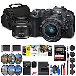 Canon EOS R8 Mirrorless Camera with RF 24-50mm f/4.5-6.3 is STM Lens (5803C012) + 64GB Memory Card + Corel Photo Software + Bag + Charger + Filters Kit + LPE17 Battery + Card Reader + More (Renewed)