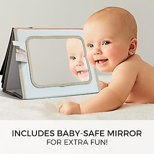 Soft Tummy Time Book w/ Large Stimulating Baby Safe Mirror - Fun High Contrast Montessori Toy w/ Mirror, Crinkle Filling & Silicone Teether - The Perfect Toy For Safe Early Newborn/Infant Development