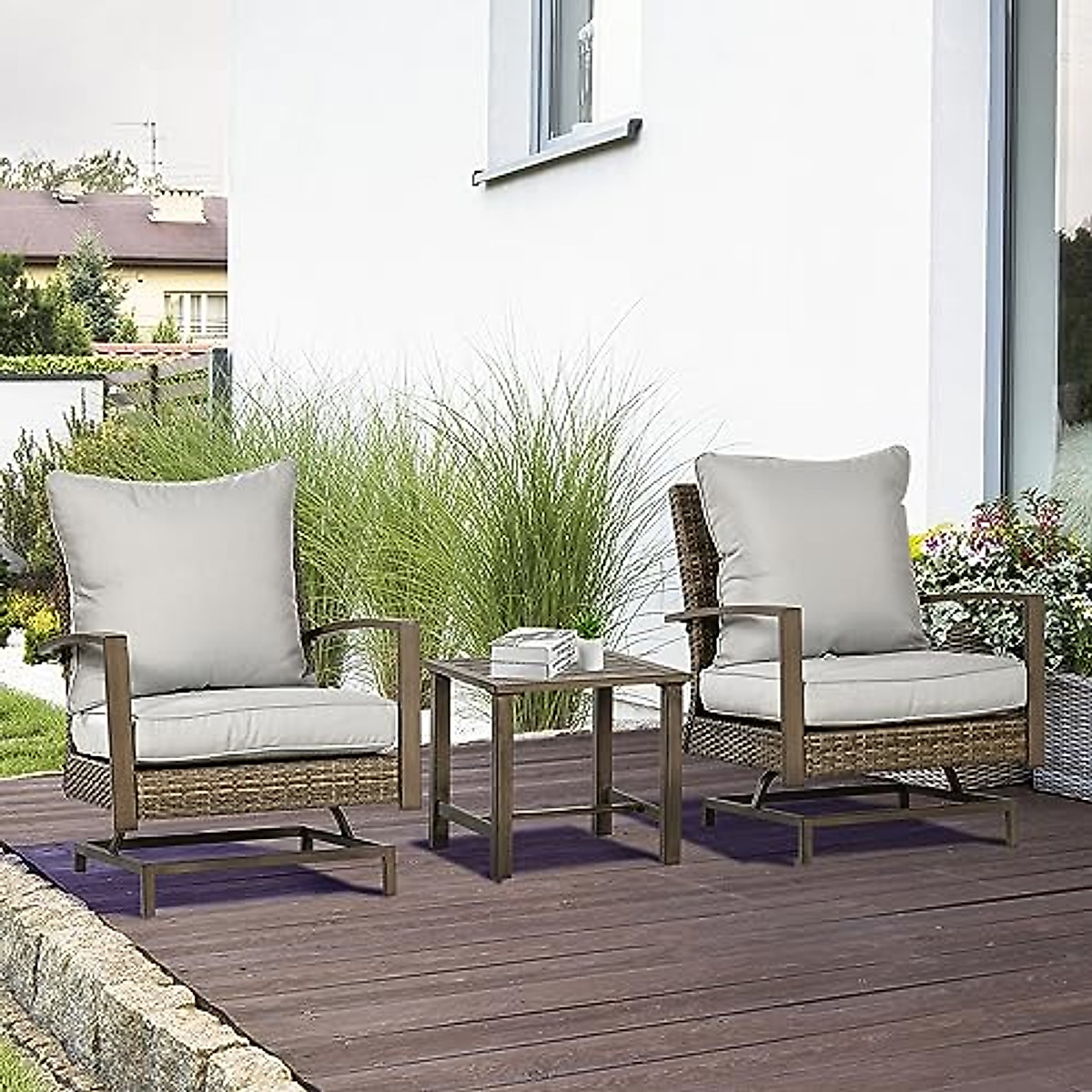 Outsunny 3-Piece PE Rattan Patio Furniture Set with Rocking Chairs and Bistro Coffee Table, Outdoor Wicker Rocker Conversation Set with Cushions for Balcony, Porch, Poolside, Yard, Garden - Gray