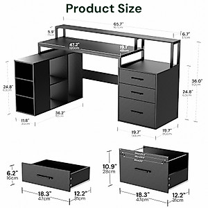 SunsGrove L Shaped Computer Desk with 3 Drawers, 65.7" Large Desk with Power Outlet and LED Lights, Corner Computer Desk with Monitor and CPU Stand, Home Office Desks with File Drawer (Black)