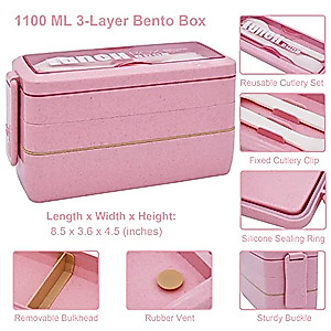 JBGOYON Bento Box Adult Lunch Box 1000 ML Stackable Lunch Containers for Adults, Leakproof 3-In-1 Compartment Bento Boxes Set, Built-in Cutlery, Soup Cup, Tote Lunch Bag, Snack Bag (Pink)