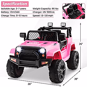 Costzon Ride on Car, 12V Battery Powered Truck Vehicle with Remote Control, Spring Suspension, Headlights, Music, Horn, MP3, USB & Aux Port, Gift for Boys Girls, Electric Car for Kids (Pink)