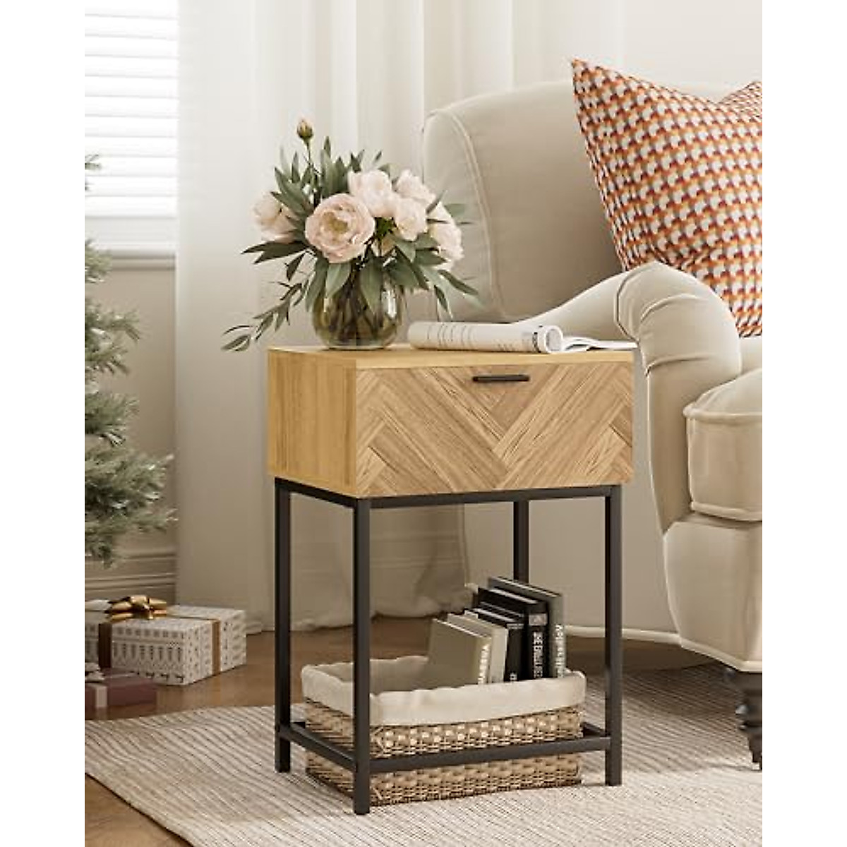 Masupu Nightstand,Bedside Tables with Storage Drawer,Tall Nightstand with Herringbone Pattern,Bedside Furniture,Small Side Table for Small Spaces, Bedroom, Living Room, Rustic Oak