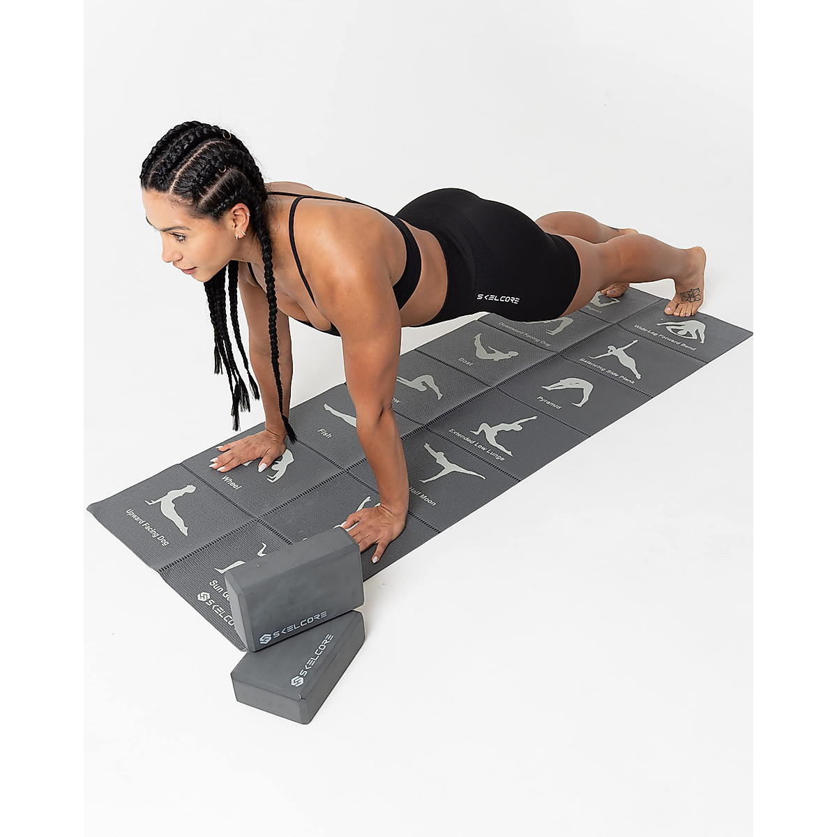 Skelcore Yoga Mat and Blocks Set- Travel Yoga Mat with Poses Printed On It and 2 Yoga Blocks - Non Slip Yoga Accessories For Beginners Folding Yoga Travel Mat 68"L x 24"W x 2mm