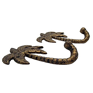 Palm Tree Cast Iron Wall Hooks, Wall Mounted for Hanging Coats, Purses, Towels, Hats, Beach Themed Wall Décor, Set of 2, 6.5 Inches High (Gold Toned)