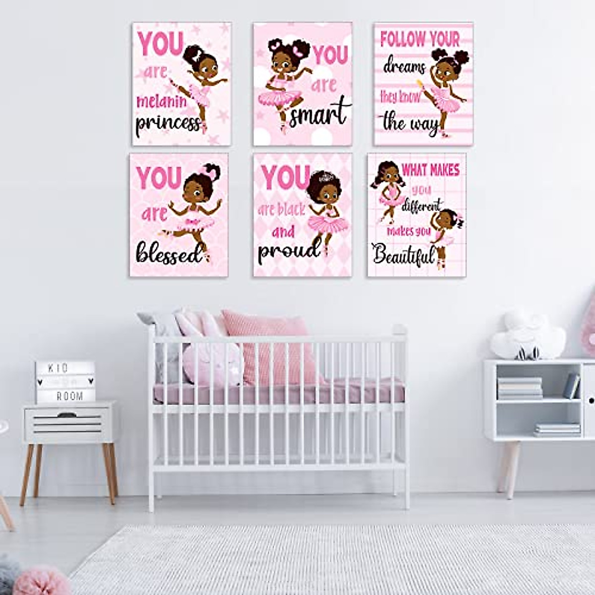 9 Pcs Black Ballerina Wall Decor Black Toddler Girl Wall Art Motivational African Little Girls Pink Room Decor for Positive Pink Bedroom Wall Decor Ballerina African American Toddler Quotes Posters