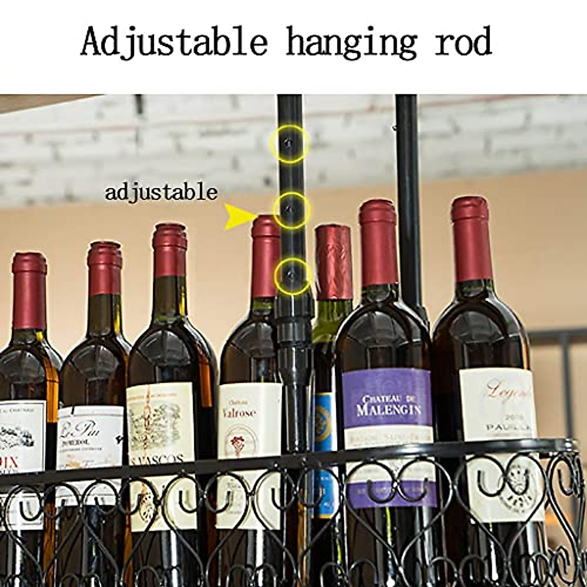 LAJUU Wine Racks,Wine Glass Holder with Guardrail,Hanging Wine Glass Rack Stemware Holder Wrought Iron,Wine Bottle Holder for Shelf Adjustable Height for Bars Restaurants Kitchens/Black/120 * 25Cm