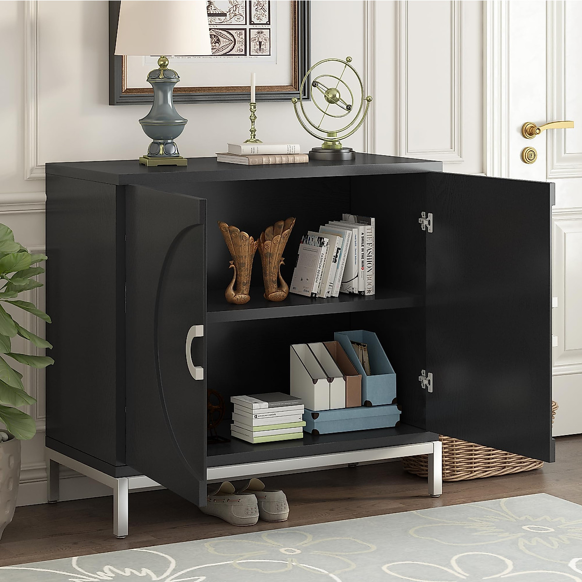 P PURLOVE Accent Storage Cabinet with Adjustable Shelf, Simple Sideboard Storage Buffet Cabinet with Solid Wood Veneer and Metal Leg Frame for Living Room, Entryway, Dining Room,Black