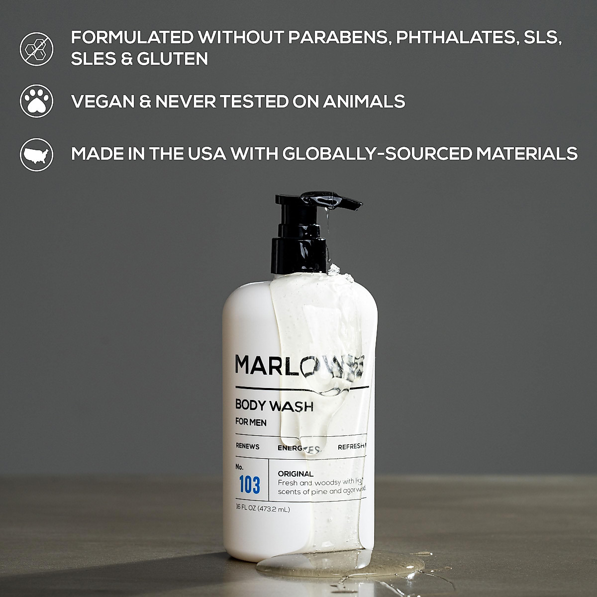 MARLOWE. No. 103 Mens Body Wash 16 oz, Energizing and Refreshing with Moisturizing Natural Willow Bark & Green Tea Extracts, Fresh Pine & Agarwood Scent