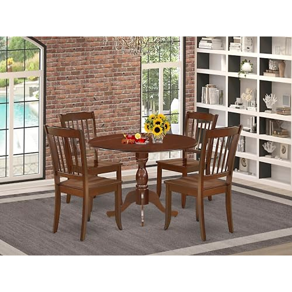 East West Furniture DMDA5-MAH-W 5 Piece Dining Set Includes a Round Dining Table with Dropleaf and 4 Kitchen Chairs, 42x42 Inch, Mahogany