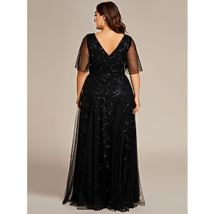 Ever-Pretty Womens Plus Size Sequin Emboridery Formal Evening Dresses with Sleeves Black US18