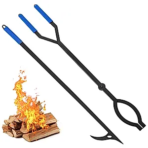 40" Fire Poker Set Heavy Duty Fire Poker for Fire Pit Campfire Fireplace Outdoor/Indoor, Black Rustproof Solid Steel Large Fireplace Poker Log Grabber Safely Moves Firewood