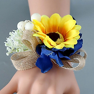 SMLJFO 2Pcs Artificial Flower Wrist Corsage Groom Boutonniere Sunflower Bride & Bridesmaid Corsage Wristlet Wedding Hand Flower Decor for Prom Suit Party Homecoming Graduation
