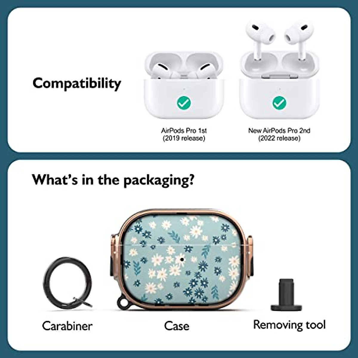 TATOFY case for AirPods Pro 2, AirPods Pro, Lock AirPod Pro 2 Case for Women, Flora Hard case with Carabiner, Support Wireless Charging, LED Visible (Cyan)