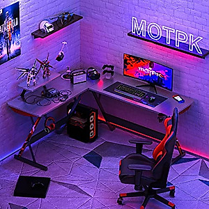 MOTPK L Shaped Gaming Desk 58 Inch, Gaming Computer Desk L Shape with Carbon Fiber Surface, Gamer Desk Gaming Table with Monitor Shelf, Cup Holder & Headphone Hook, Black
