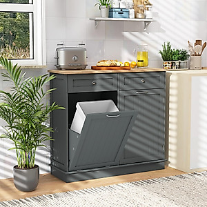 Giantex Tilt Out Trash Cabinet 15.5 Gallon, Wooden Laundry Room Cabinet, 2 Drawers, Storage Cabinet, Recycling Trash Cabinet, Kitchen Island with Garbage Can Holder, 39.5" x 14" x 35.5", Gray