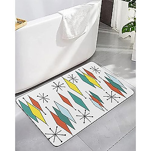 Middle Century Diamond Bath Mat for Bathroom Rugs Non Slip, Bath Mat Quick Dry Absorbent Bath Rug, Thin Rubber Backed Easy to Clean, Teal Yellow Orange Geometry 20"x32"