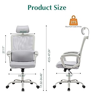 NEWBULIG Home Office Desk Ergonomic Mesh High Back Computer Height Adjustable Swivel Task Chair with Headrest and Flip-up Armrests, Grey, 16.5" D x 21" W x 47" H