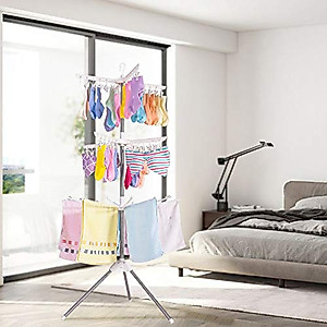 Hershii 3 Tiers Collapsible Clothes Drying Rack Folding Tripod Laundry Garment Storage Hanger Organizer Indoor Outdoor Space Saver with 48 Clips & 16 Towels Bars - Ivory
