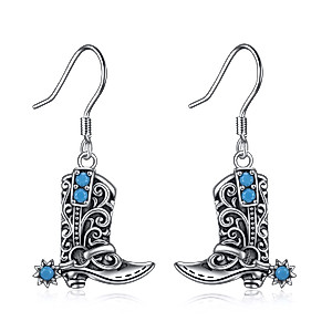 POPLYKE Sterling Silver Western West Cowgirl Texas Boots Earrings Cowgboy Turquoise Dangle Drop Earrings Boho Jewelry
