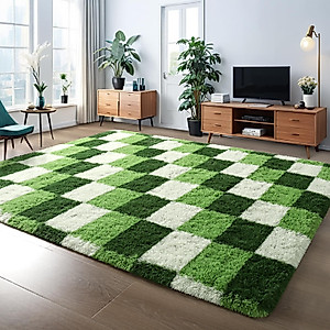 Larhom Modern Checkerboard Rug for Living Room Bedroom, 4x6 Ft Green Checkered Fluffy Carpet, Thickened Memory-Foam Area Rug for Kids Nursery Dorm, Home Decor, Anti-Slip and Easy to Clean