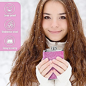 2 Pieces 8 oz Stainless Steel Colorful Glitter Hip Flask Alcohol Liquor Flask with Funnel Set, Colorful Glitter Coating for Women