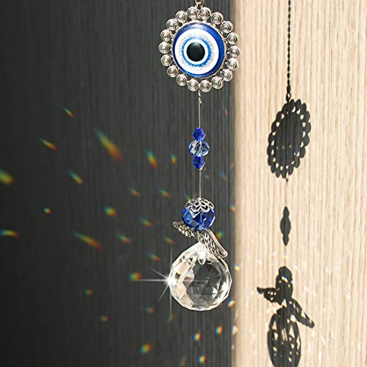 Crystal Angel Suncatcher with Feng Shui Turkish Blue Evil Eye Protection and Good Luck Charm Gift