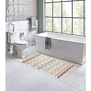 Yenslii Cotton Area Rug with Tassel, Bohemia Rug Hand Woven Print Rug 2'x4.3' Throw Rug for Bedroom, Kitchen, Laundry Room Washable (Beige)