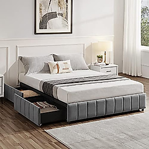 Yaheetech Platform Bed Frame with 4 Storage Drawers, Upholstered Bed Frame with Strong Wooden Slats/Mattress Foundation/No Fixed Headboard/No Box Spring Needed/Large Storage Space,Dark Grey-Full