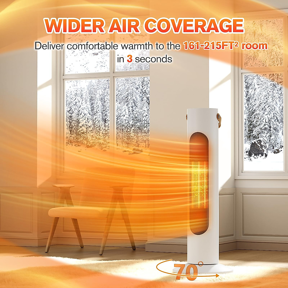 2-1 Electric Space Heaters For Indoor Use, 25" Tower Heater And Fan Combo, 70°Oscillating, 3S Instant Heating,1500W, 3 Heating & Fan Modes, Electric Portable Heater For BedroomOfficeHome, White