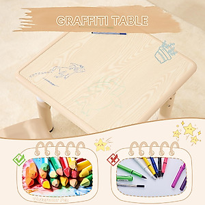 SINKIPA Kids Table and 2 Chairs Set, 23.6''L x 23.6''W Toddler Table and Chairs, Height Adjustable Kids Study Table for Ages 2-10, Graffiti Desktop Children Activity Table with Anti-Slip Foot Covers