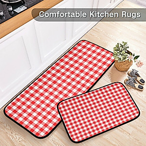 Kigai Kitchen Rugs 2 Piece Waterproof Non Slip Kitchen Mat Red & White Checked Kitchen Rug Set for Sink Office Kitchen Cafe, 19.7"x47.2"+19.7"x27.6"