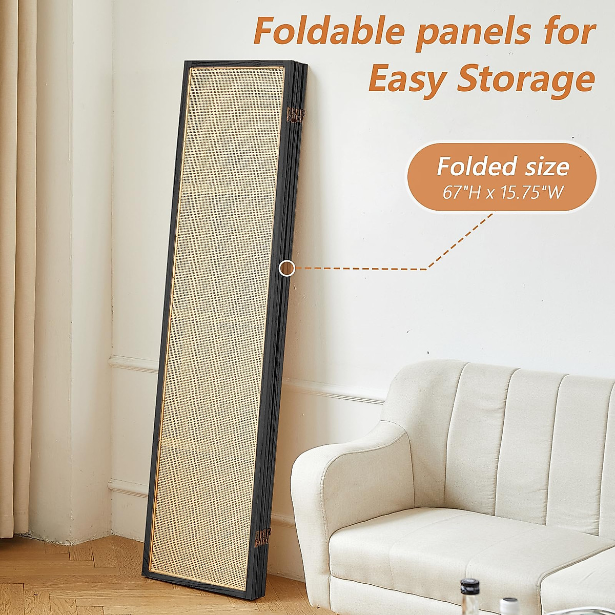 Leesinwing Wood Room Divider, 4 Panels Room Dividers and Folding Privacy Screens, Hand-Woven Rattan Room Divider Wall Freestanding Room Partitions Screen for Home Office Bedroom, Black