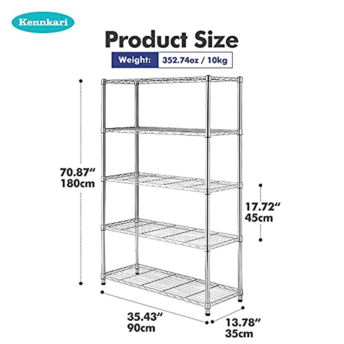 Kennkari 36“ × 14” Free Standing Shelving Unit, 5-Tier Adjustable Metal Shelf Organizer Rack for Pantry/Laundry/Kitchen/Dorm, Wire Storage Shelves (Silver)