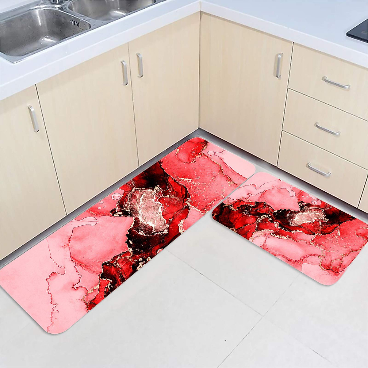 JasmineM Kitchen Rugs and Mats Washable, Wild Marble Red Texture Non-Skid Absorbent Kitchen Rugs Set of 2, Durable Kitchen Mat for Kitchen Floors, Offices, Sink, Laundry, Abstract Pattern