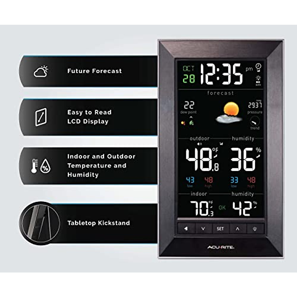 AcuRite Digital Vertical Weather Forecaster with Indoor/Outdoor Temperature, Humidity, and Date and Time (01121M) , BLACK