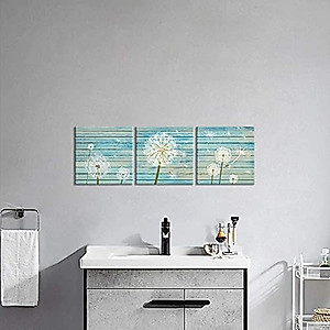 DuoBaorom 3 Pieces Dandelion Flower Canvas Wall Art Abstract Neutral White Floral Rustic Wood Artwork for Bedroom Bathroom Home Decor Stretched and Framed Ready to Hang 12x12inchx3pcs