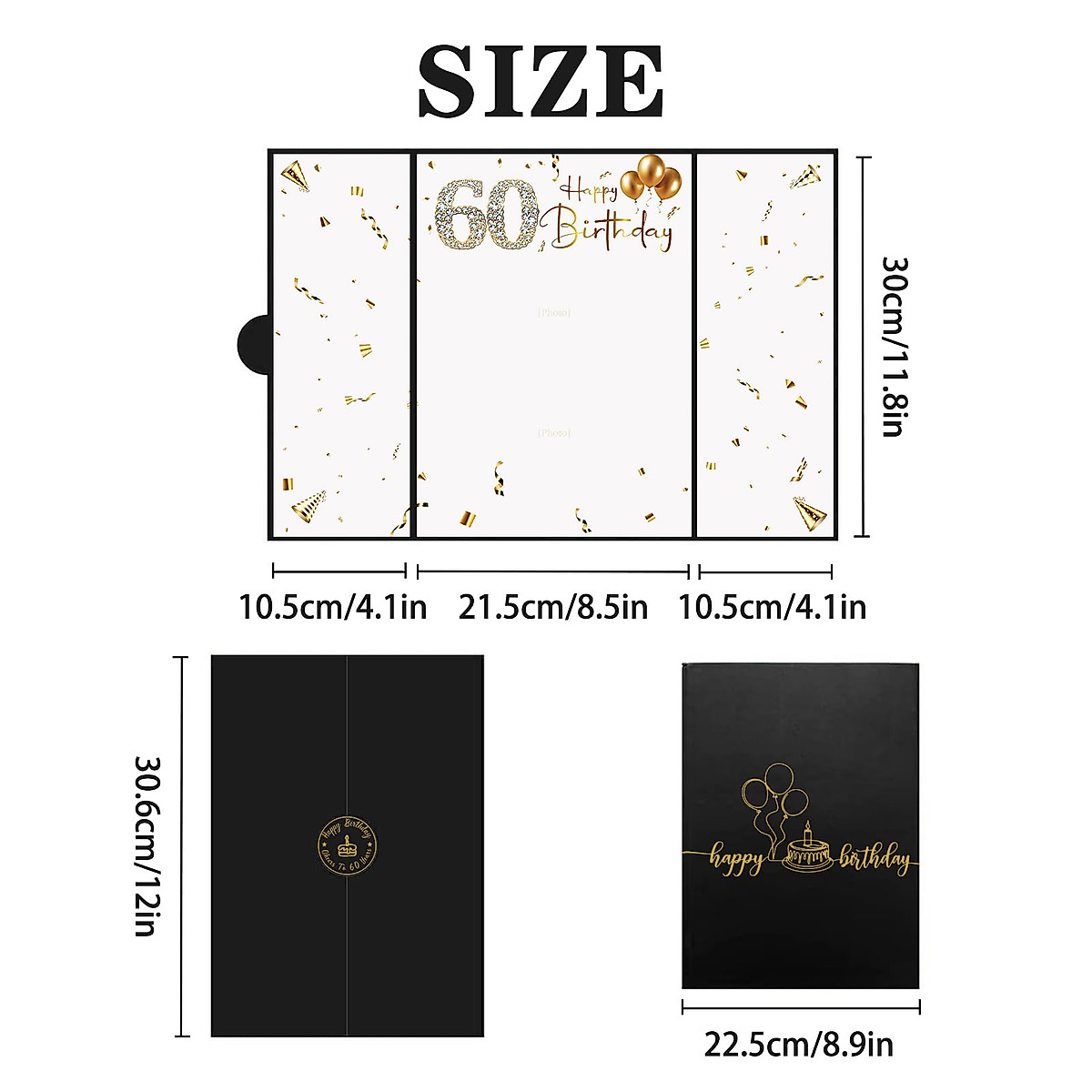 DARUNAXY Black Gold 60th Birthday Party Decorations, Happy 60th Birthday Alternative Signature Guest Book for Men Women 60 Years Old Table Sign Picture Frame Gift 60 Birthday Card Board Party Supplies