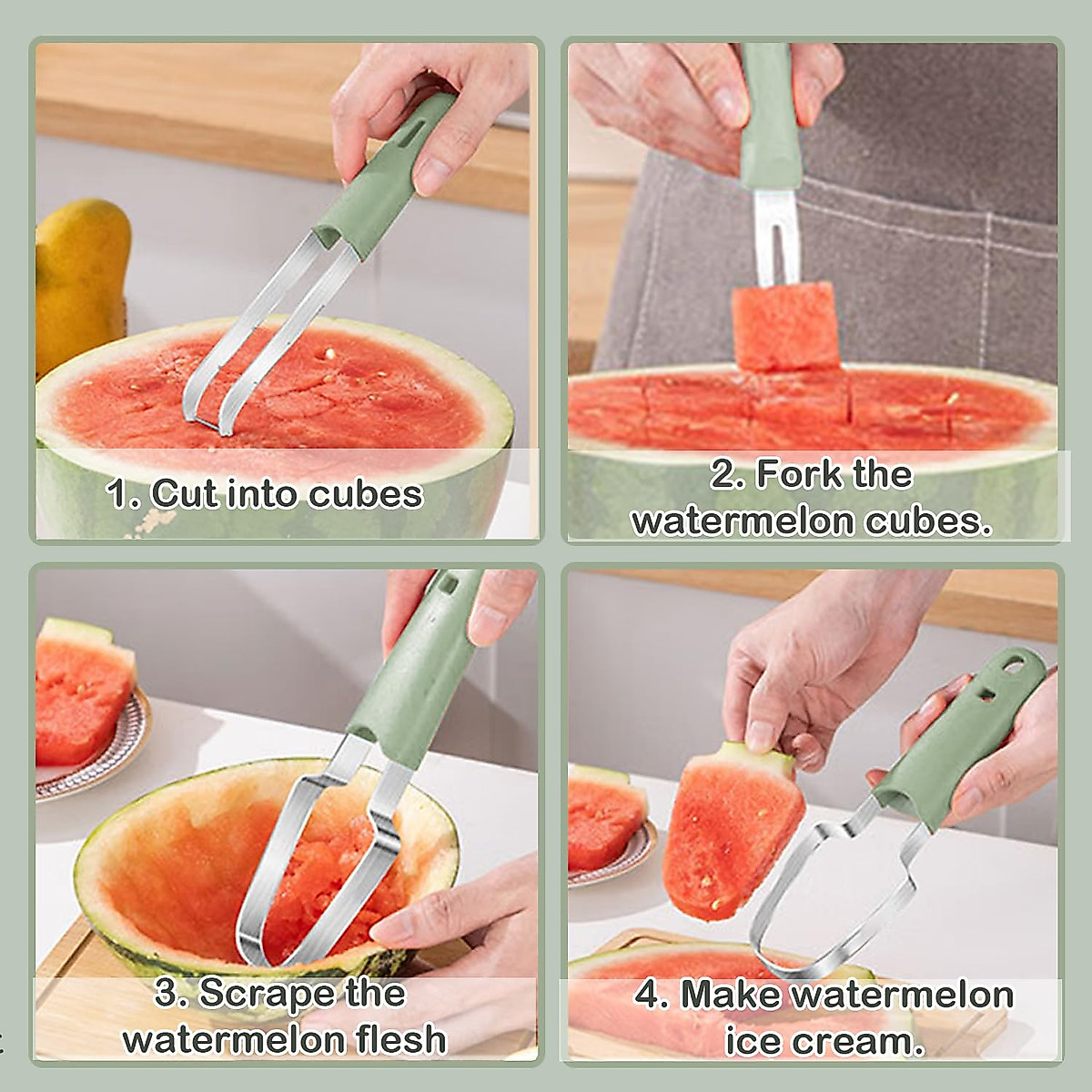 FATUXZ 3-in-1 Watermelon Cutter Slicer Fork, Portable Fruit Slicer Cutter Knife and Watermelon Cube Stainless Steel Popsicle Melon Cutter for Kitchen Gadgets