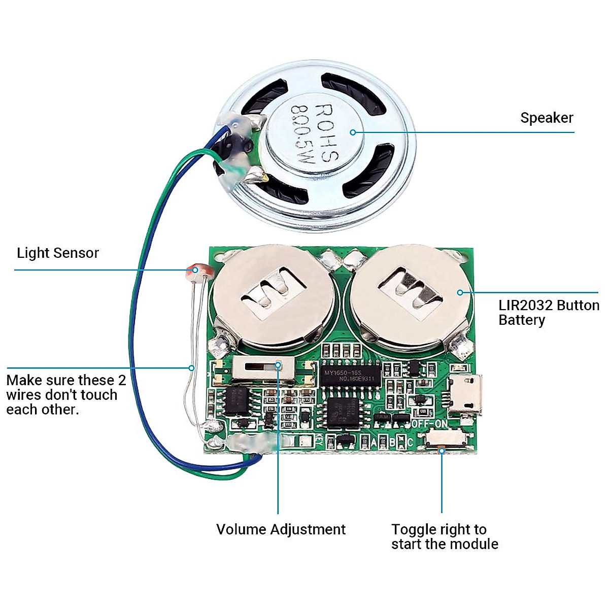 Icstation DIY Light Sensor Sound Module, Micro USB Recordable Sound Chip 8M Memory Speaker Talking Programmable Music Player Box for Birthday Greeting Card Anniversary Present