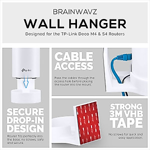 Adhesive Deco M4 & S4 Wall Mount Holder for TP Link WiFi Mesh, Strong VHB Tape Bracket, No Screws, Drilling & No Tools Needed, Easy to Install, White by Brainwavz (Single)