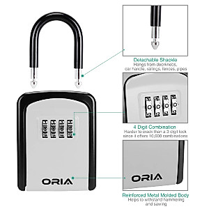 ORIA Key Lock Box, Key Safe Box, 4 Digit Combination Key Storage Lock Box Waterproof, 5 Keys Capacity with Removable Shackle for Indoor Outdoor, Silver, 3.66inch
