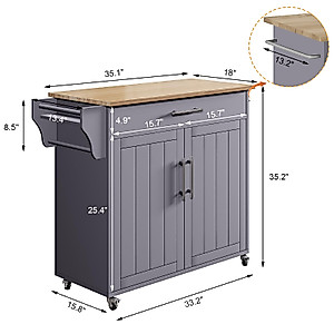 Tornama Kitchen Storage Island, Wooden Rolling Kitchen Island On Wheels with Countertop, Mobile Kitchen Island Cart with Towel Rack, Spice Rack and Drawers, Grey