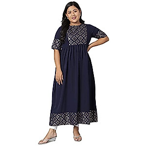 Janasya Indian Women's Plus Size Dark Blue Poly Crepe Kurta(PJNE3363-KR-A-5XL)