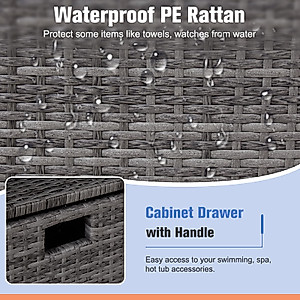 Kinpaw Pool Towel Rack Outdoor Storage Cabinet - 49” High Pool Towel Rack with with Storage Shelves & Drawer & Caters, Patio Wicker Towel Holder for Pool Area Outside, Hot Tub, Spa, Gray