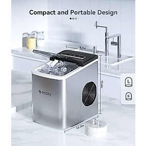 ecozy Portable Ice Maker Countertop, 9 Cubes Ready in 6 Mins, 26 lbs in 24 Hours, Self-Cleaning Ice Maker Machine with Ice Bags/Ice Scoop/Ice Basket for Home Kitchen Office Bar Party, Silver