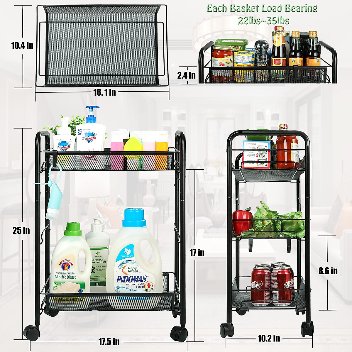 3 Tier All-Metal Rolling Cart, Trolley Craft Cart with Locking Wheels, Easy-Carry and Assembly Mesh Trolley Cart with 1 Small Baskets and 4 Hooks for Bathroom Kitchen Office Balcony Living Room